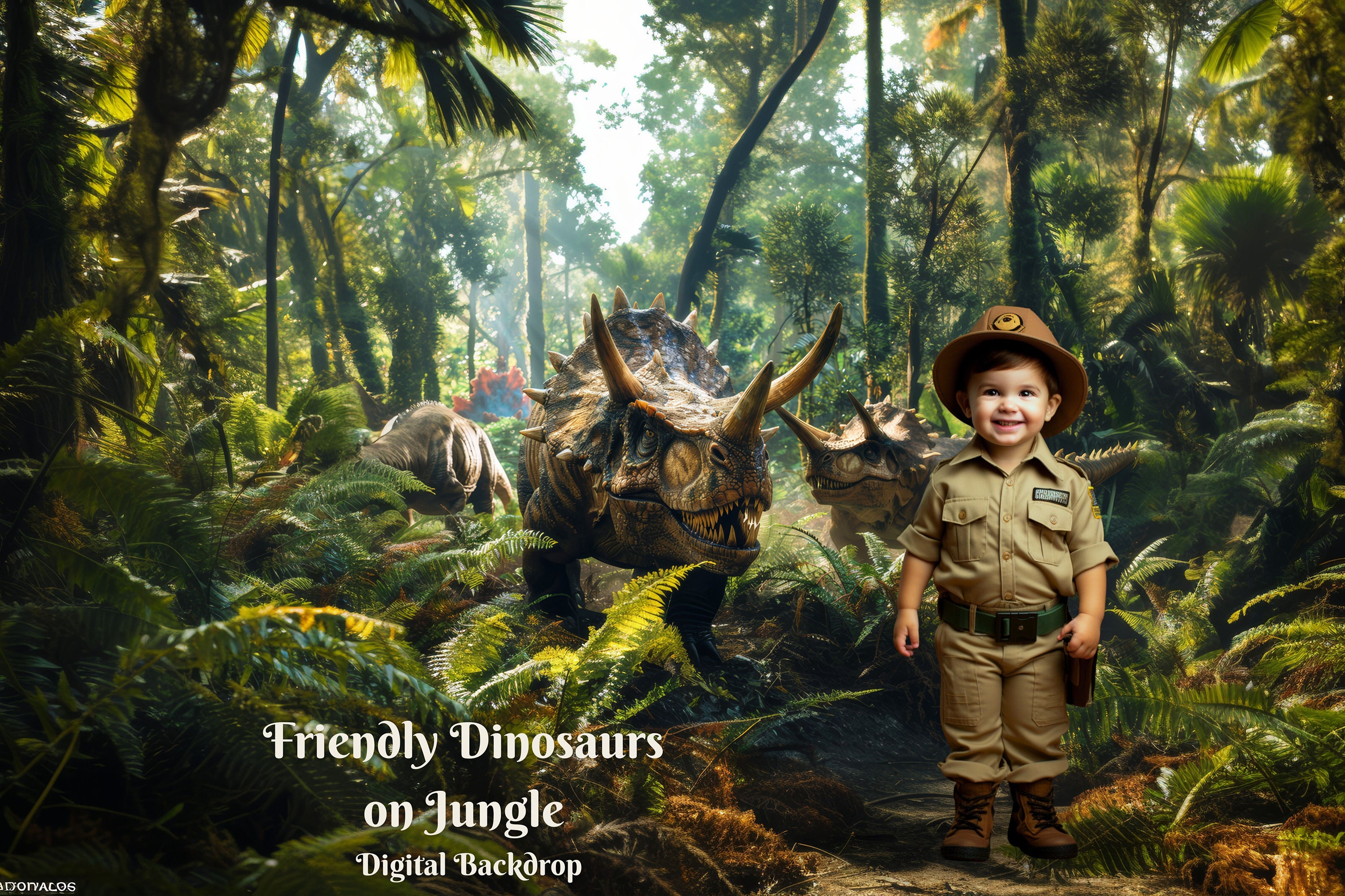 Friendly Dinosaurs on Jungle Digital Backdrop Triceratops Herd Digital ...