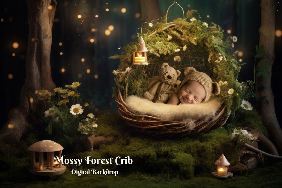 Mossy Forest Crib Digital Backdrop for Baby Photoshoot Images Cozy ...