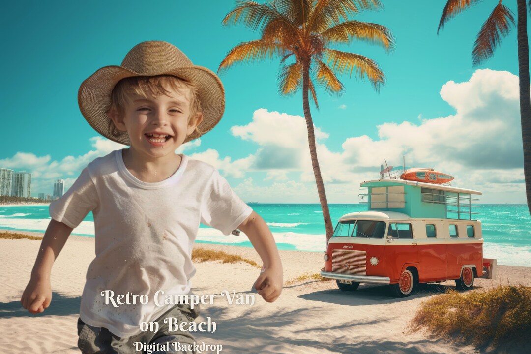 Retro Camper Van Backdrop Sandy Beach Digital Background for Summer ...