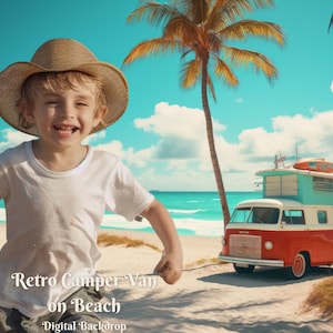 Retro Camper Van Backdrop Sandy Beach Digital Background for Summer ...