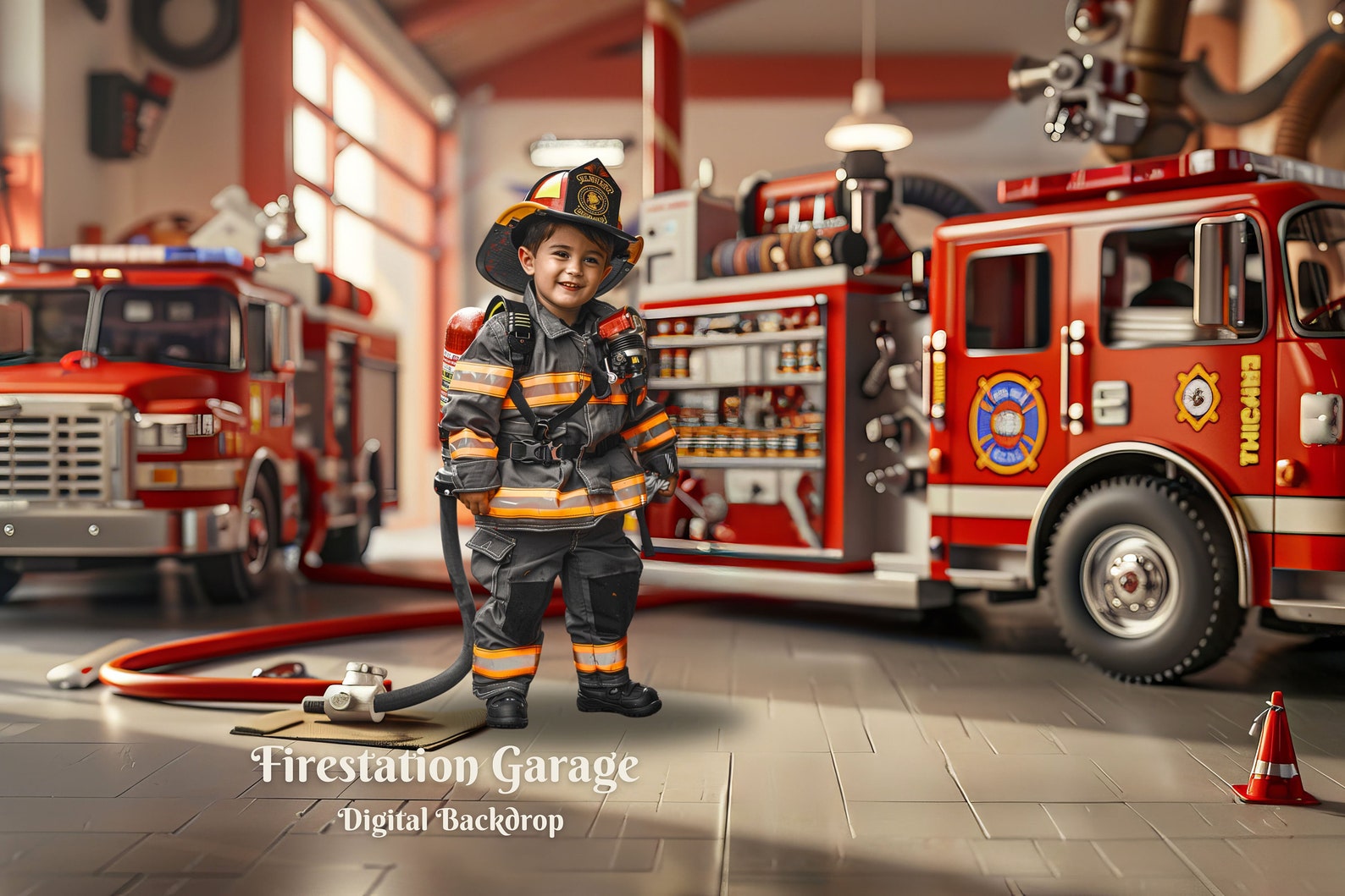 Fire Station Garage Digital Backdrop Fireman's Office Truck Photo ...