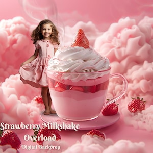 Strawberry Milkshake Overload Digital Background Strawberry Latte Frappe Photoshop Overlay for ...