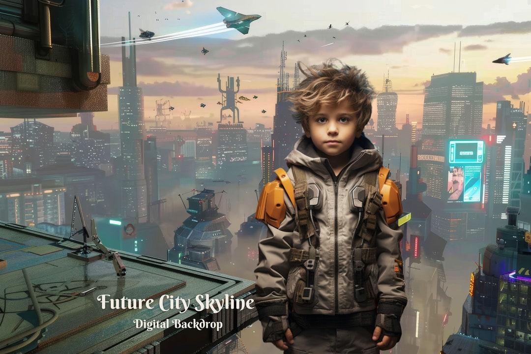 Futuristic City Skyline Digital Backdrop Superhero Looking Over the ...