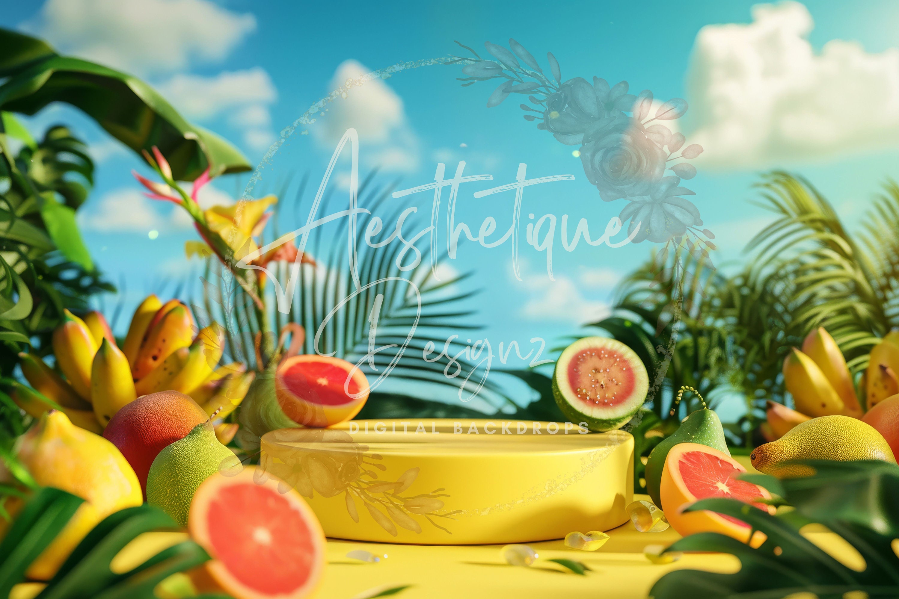 Fruit Stage Digital Backdrop Tropical Fruits Podium Digital Background ...
