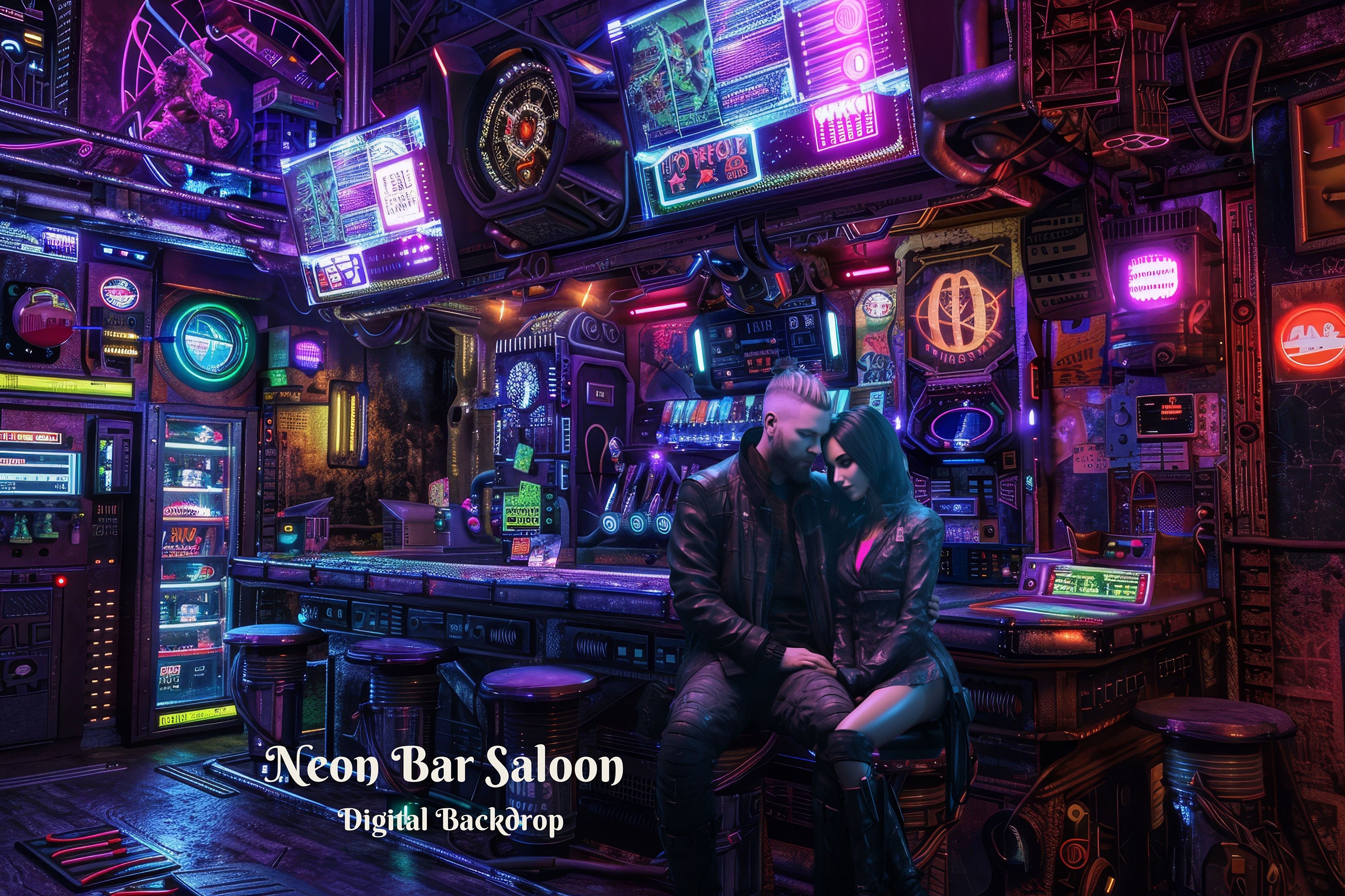 Neon Bar Saloon Digital Backdrop for Futuristic Dystopian City ...