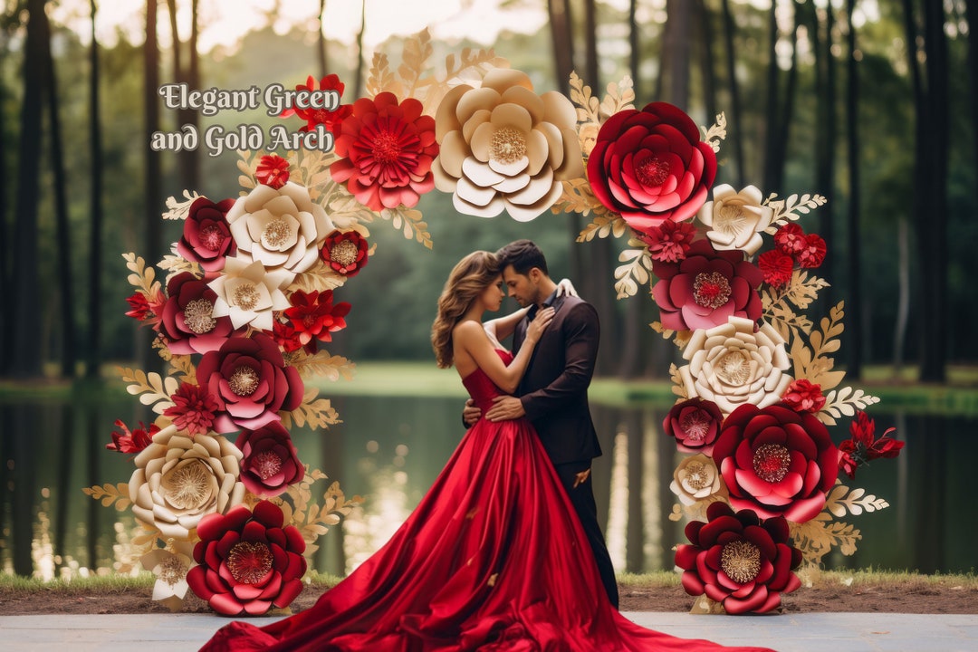 Red Floral Arch Backdrop Red and Gold Digital Backdrop Red Flower Arch ...