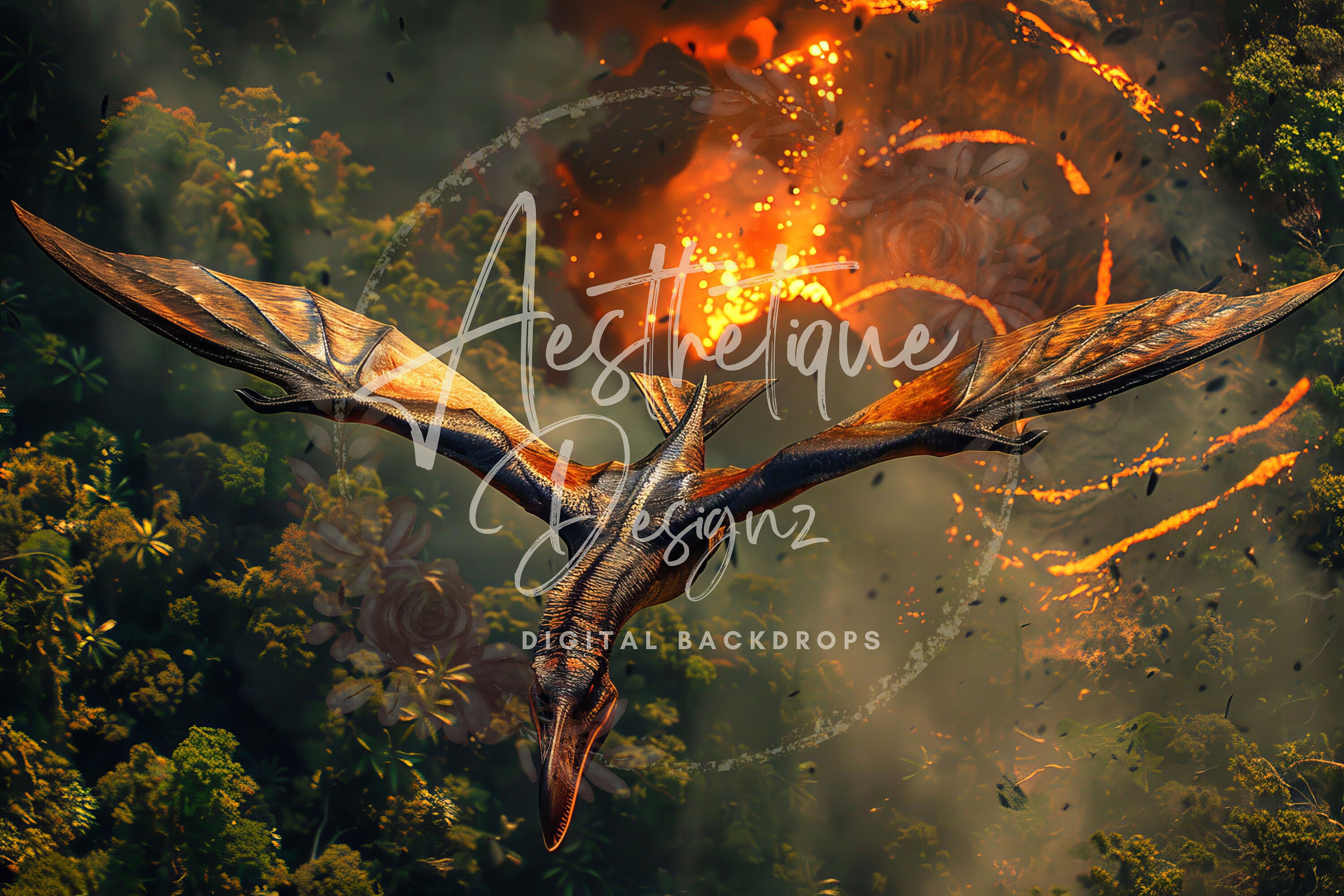 Pterodactyl Escaping Volcano Digital Backdrop Flying Dinosaur Digital ...