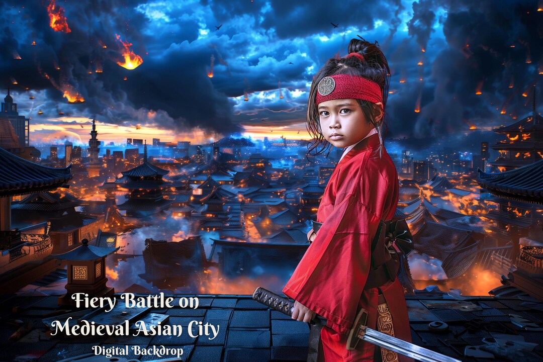 Fiery Battle on Ancient Asian City Digital Backdrop for Samurai ...