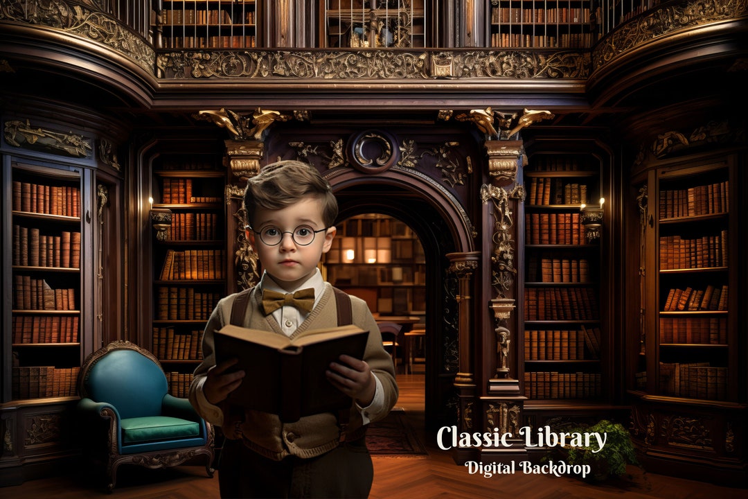 Rustic Library Digital Backdrop Classic Bookshelf Digital Background ...