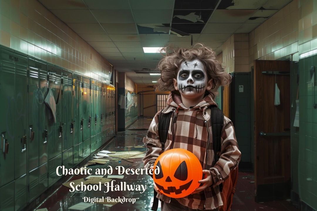 Chaotic and Deserted School Hallway Digital Backdrop for Zombie ...
