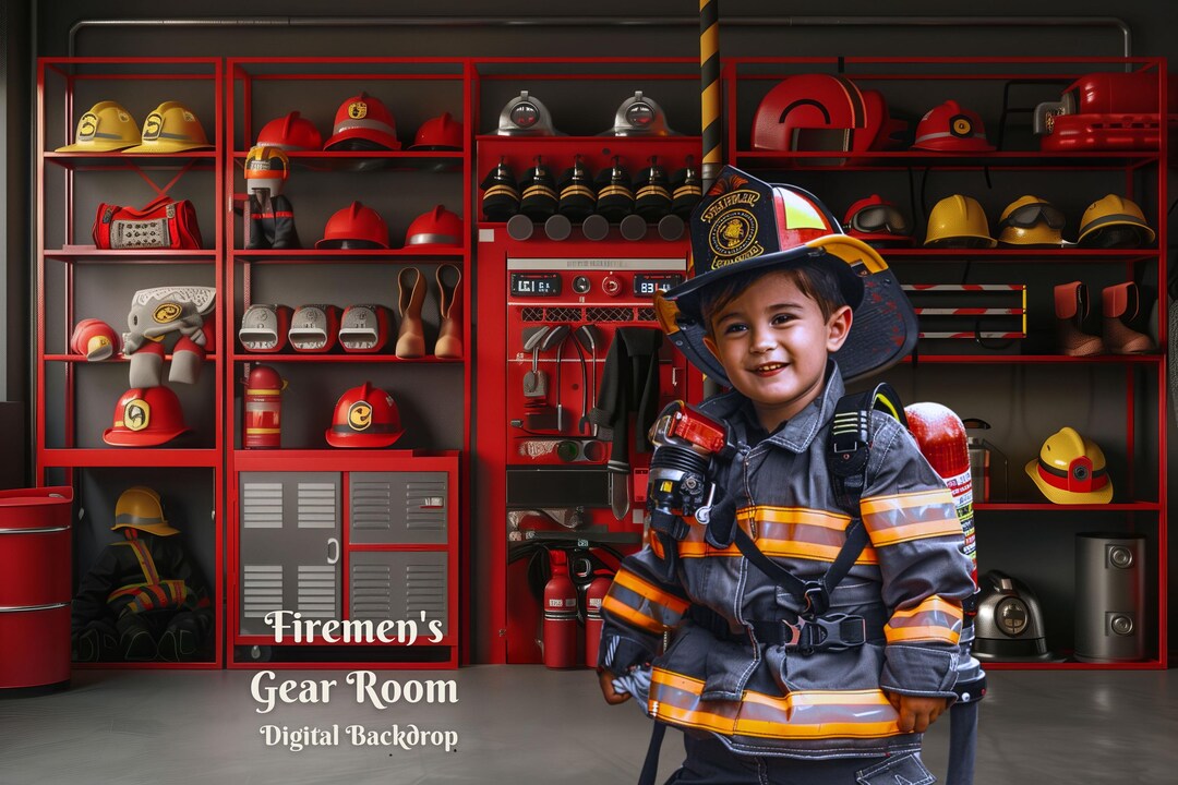 Fireman's Gear Room Digital Backdrop Fire Fighter's Office Photo ...