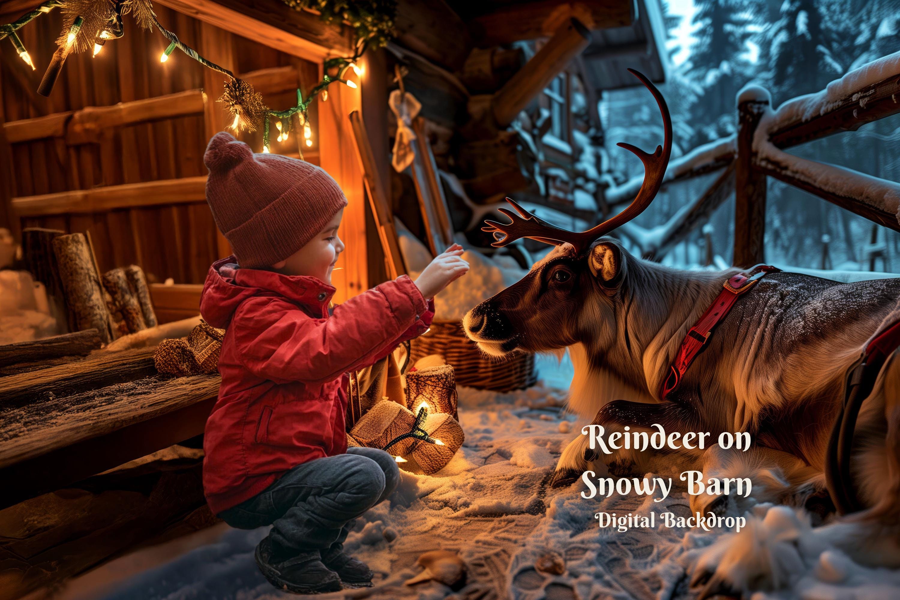 Reindeer Snowy Barn Digital Backdrop Rudolf the Reindeer Digital ...