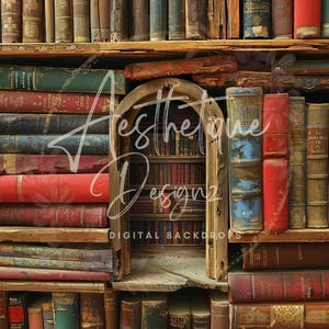 Mini Door in a Bookcase Digital Backdrop Fun Bookworm Photo Background ...