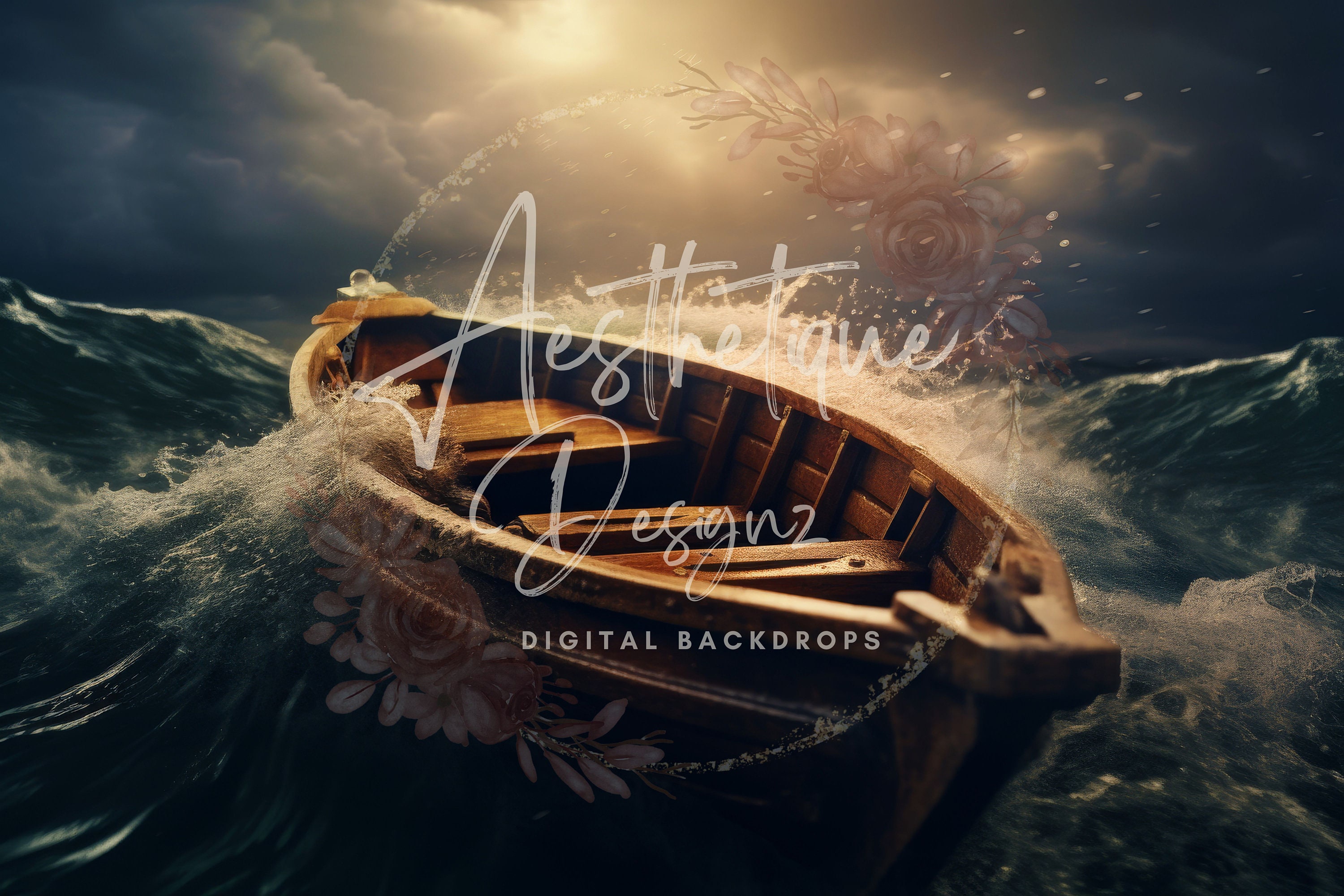 Little Boat on Rough Sea Digital Backdrop for Sea Survivor Photo ...