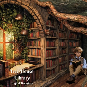 Tree House Library Digital Backdrop Wooden Bookshelf Digital Background ...