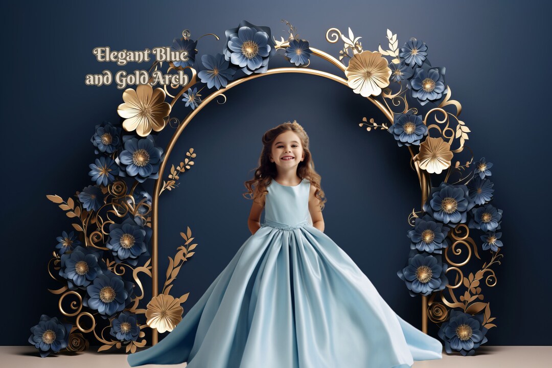 Blue Floral Arch Backdrop Blue and Gold Digital Backdrop Blue Flower ...