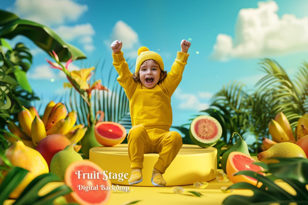Fruit Stage Digital Backdrop Tropical Fruits Podium Digital Background ...