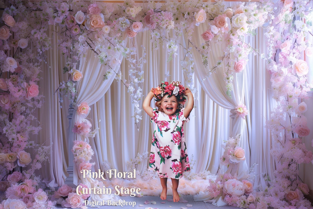 Pink Floral Curtain Stage Digital Backdrop Pink Flowers Photoshoot ...
