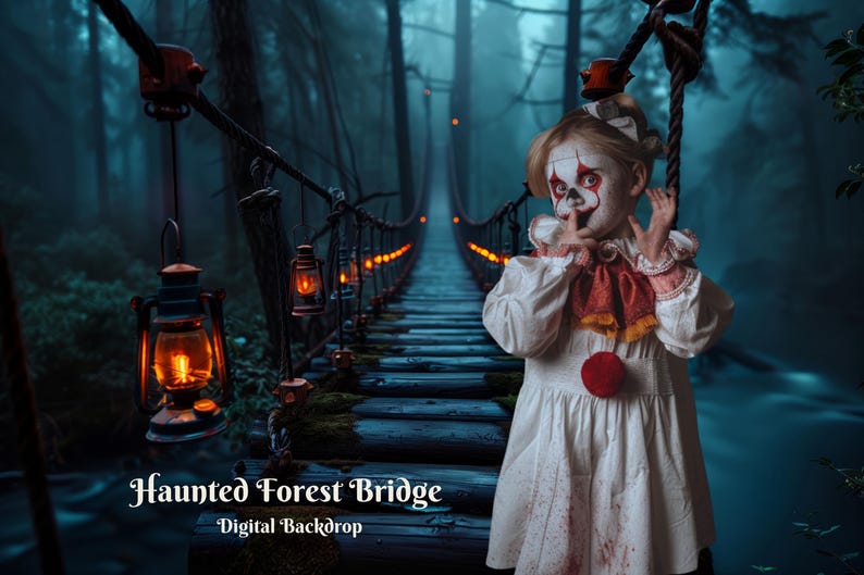 Haunted Forest Bridge Digital Backdrop Spooky Photo Background Lantern ...