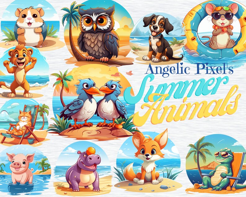 Summer Animals Clipart - Cartoon Style - Parrot - Dog - Bird - Lizard ...