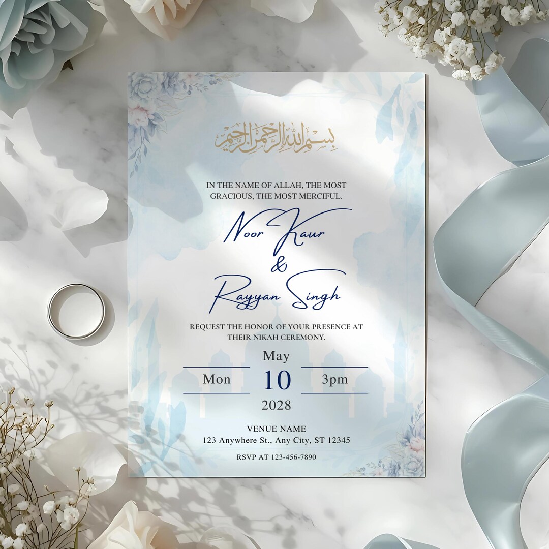 Azure Blue Nikah Invitation Template: Gray-orange Calligraphy (canva ...
