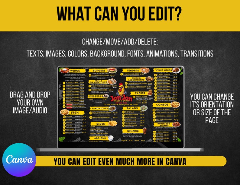 Restaurant TV Menu Board: Editable Canva Template (digital Download) - Etsy
