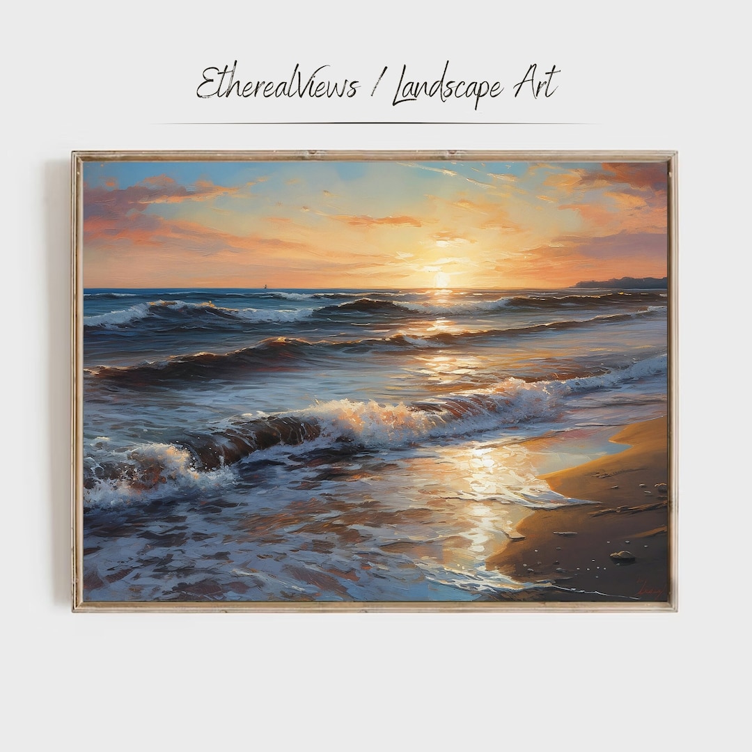 Vintage Beach Landscape Art Painting PRINTABLE | Above Bed Wall Art ...