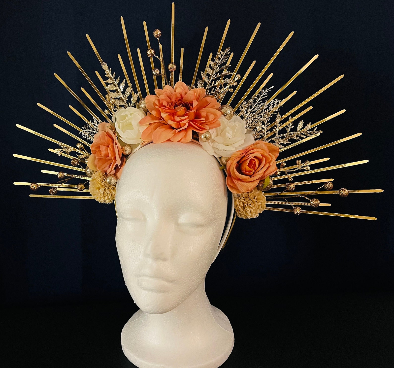 Costume Floral Zip Tie Crown Head Piece Fairy Angel Princess Peach Gold ...