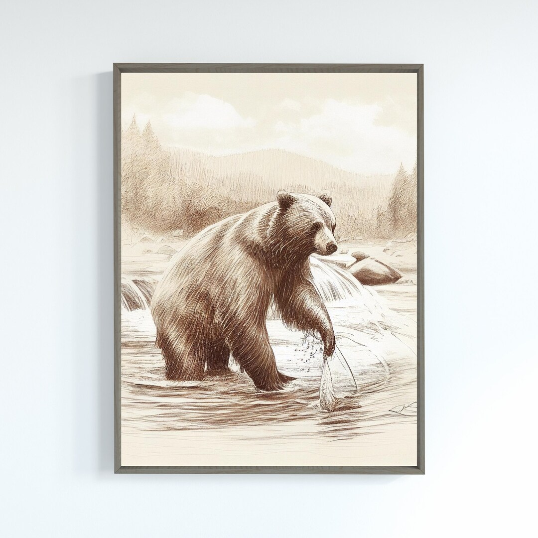 Bear Catching Fish Digital Print - Etsy