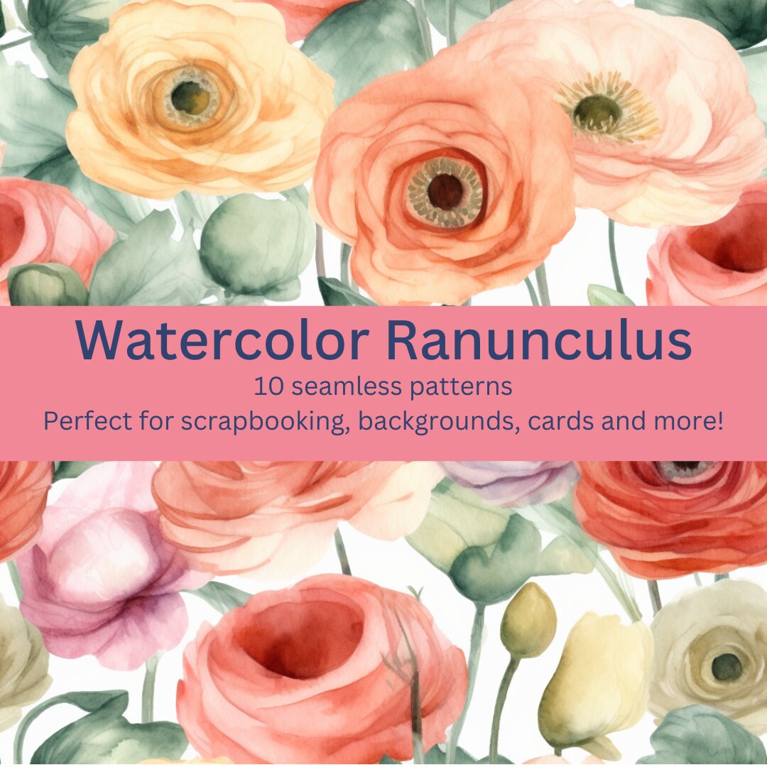 10 More Digital Seamless Watercolor Ranunculus Patterns: Elegant Floral ...
