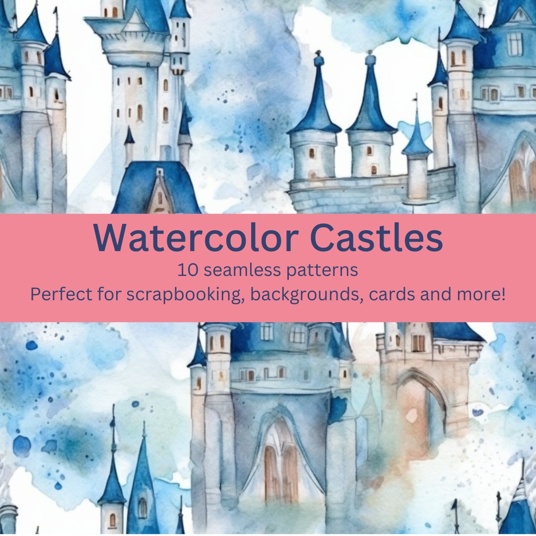 10 Digital Seamless Watercolor Castle Patterns: Enchanting Fortress ...