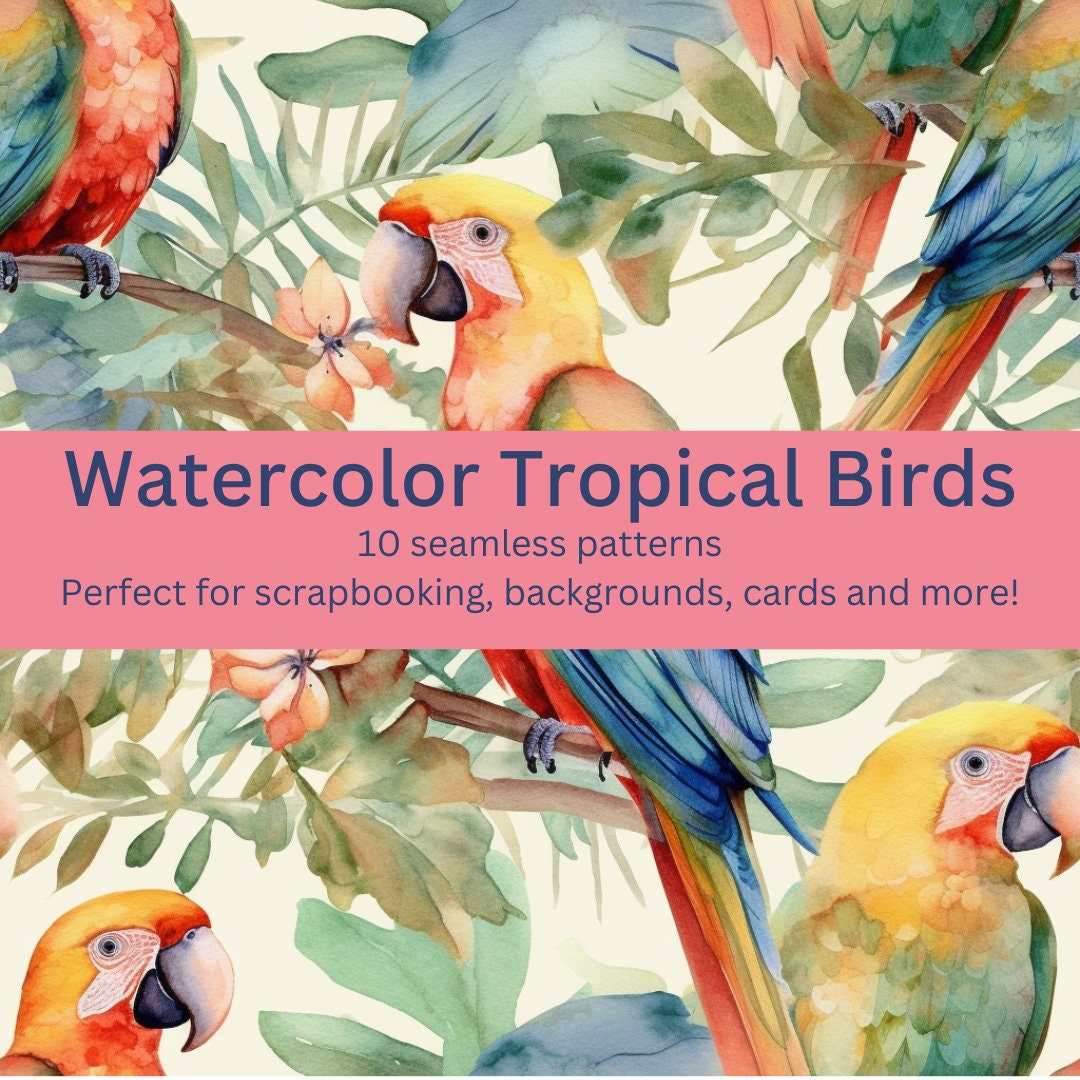 10 Digital Seamless Watercolor Tropical Bird Patterns: Vibrant Designs ...