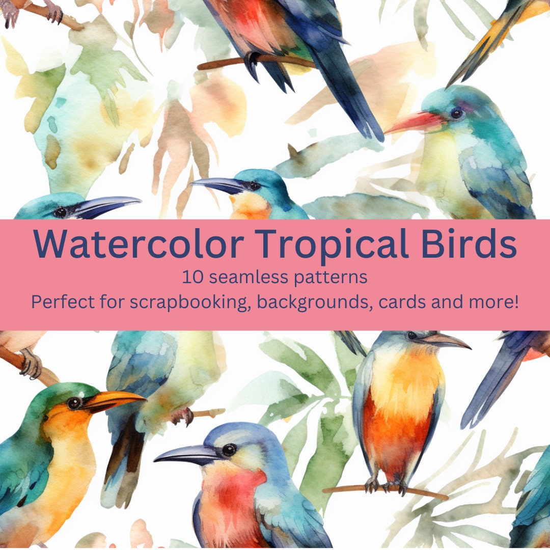 10 Digital Seamless Watercolor Tropical Bird Patterns: Vibrant Designs ...