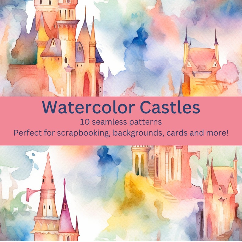 10 Digital Seamless Watercolor Castle Patterns: Enchanting Fortress ...