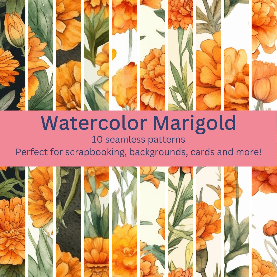 10 Digital Seamless Watercolor Marigold Patterns: Vibrant Floral ...