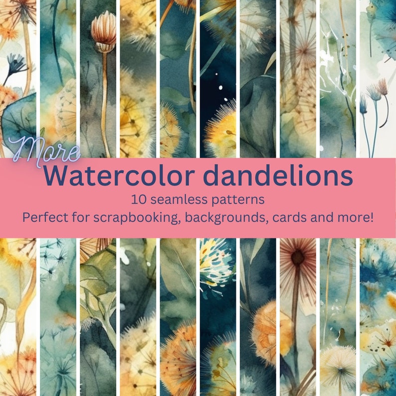 10 More Digital Seamless Watercolor Dandelion Patterns: Whimsical ...
