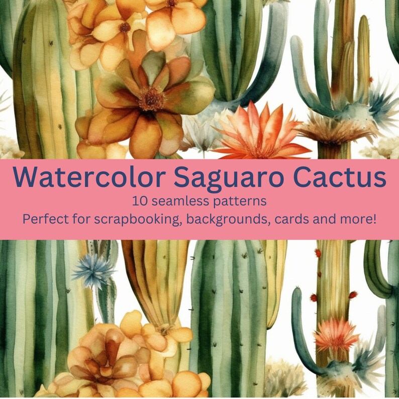 10 Seamless Saguaro Cactus Watercolor Patterns - High-quality Digital ...