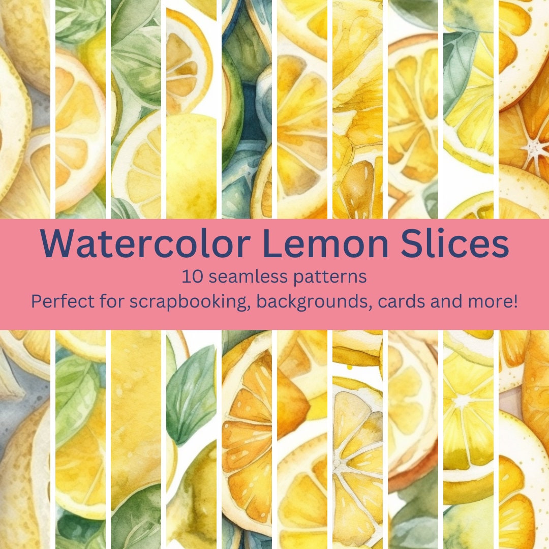10 More Digital Seamless Watercolor Lemon Slice Patterns: Citrus ...