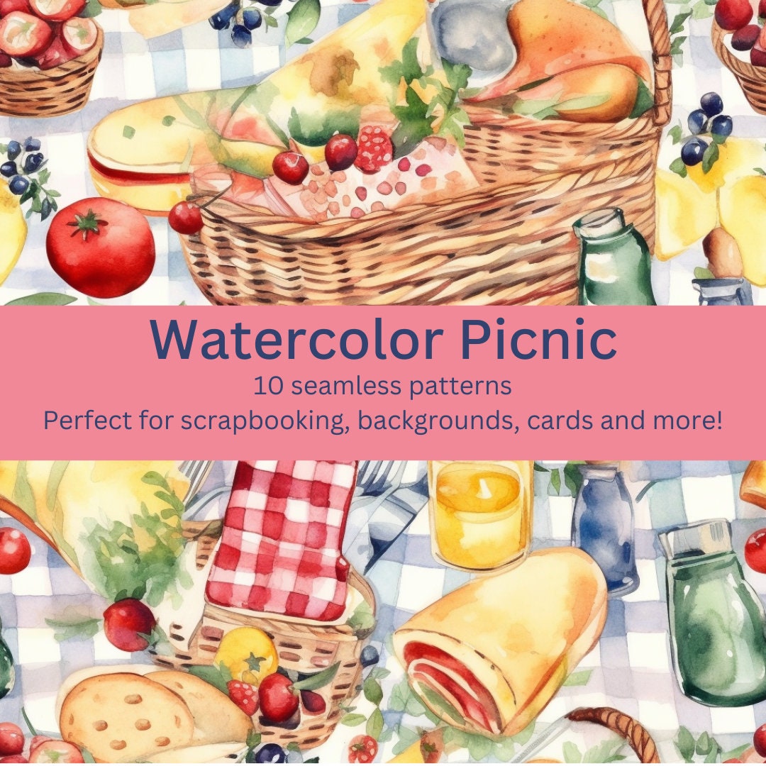 10 Vibrant Picnic Watercolor Patterns - Digital Seamless Designs for ...