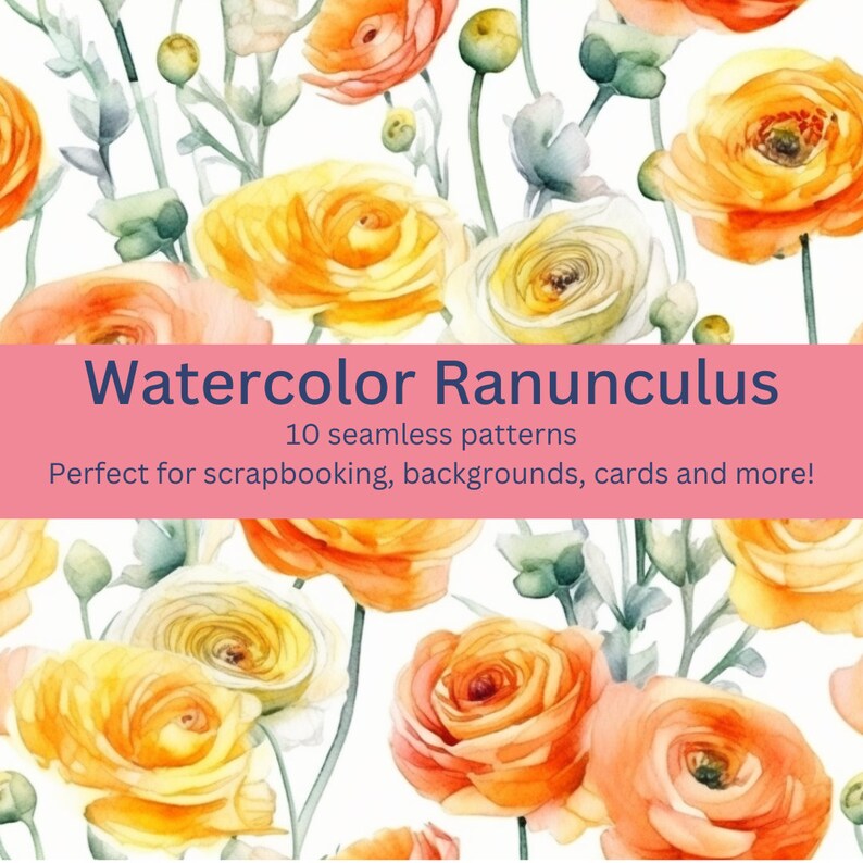 10 More Digital Seamless Watercolor Ranunculus Patterns: Elegant Floral ...