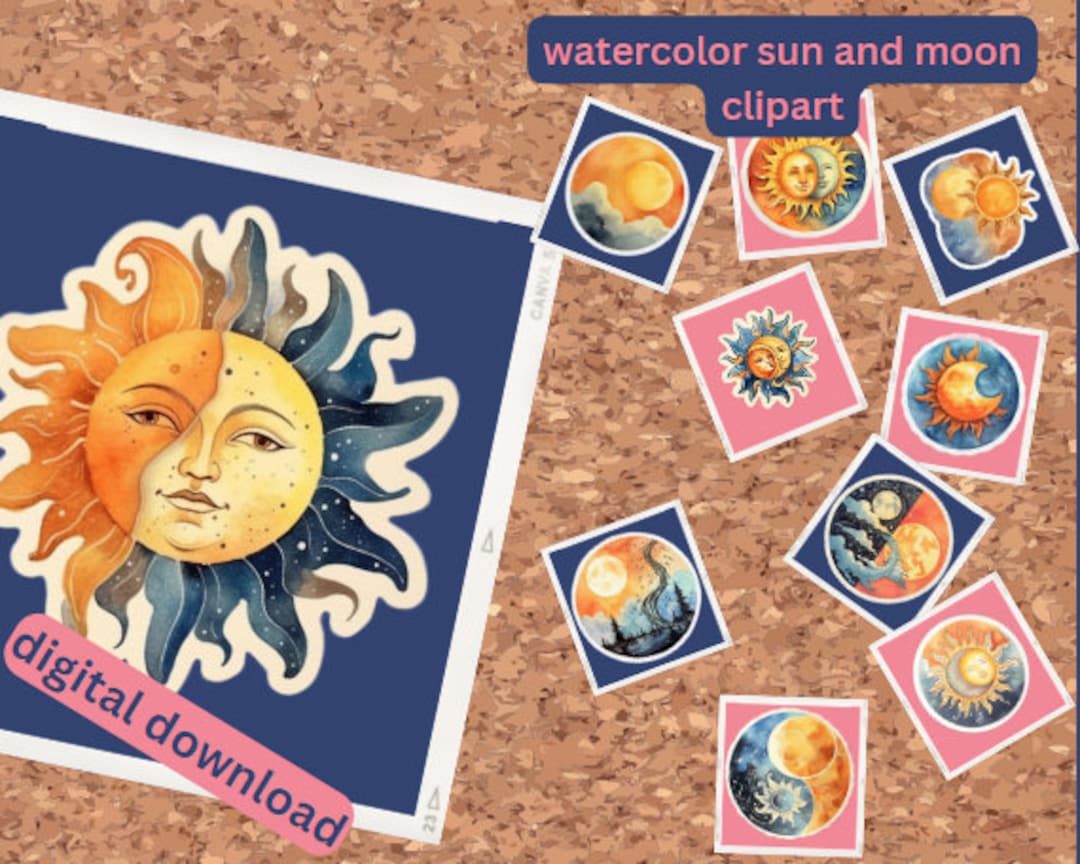 Watercolor Sun and Moon Clipart Bundle - 10 PNG & SVG Files for ...