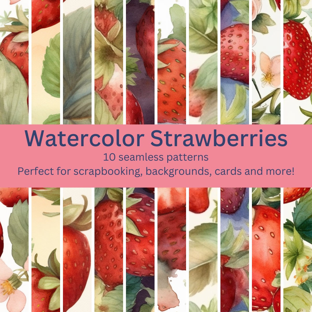 10 Digital Seamless Watercolor Strawberries Patterns: Juicy Fruit ...