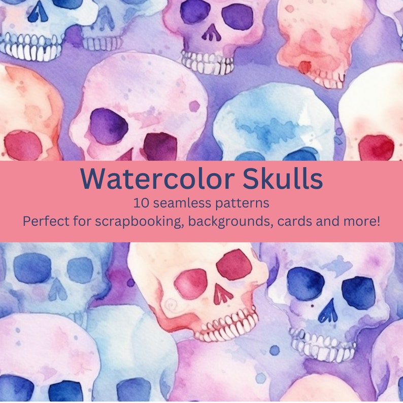 10 Digital Seamless Skull Patterns: Vibrant Watercolor Designs for DIY ...