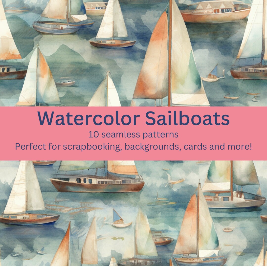 10 Vibrant Digital Seamless Sailboat Watercolor Patterns Ideal for ...