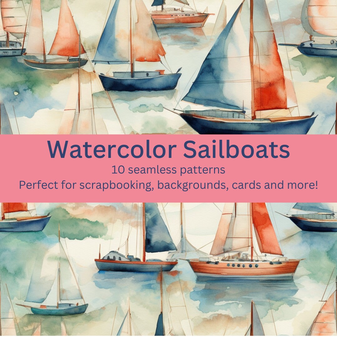 10 Vibrant Digital Seamless Sailboat Watercolor Patterns Ideal for ...