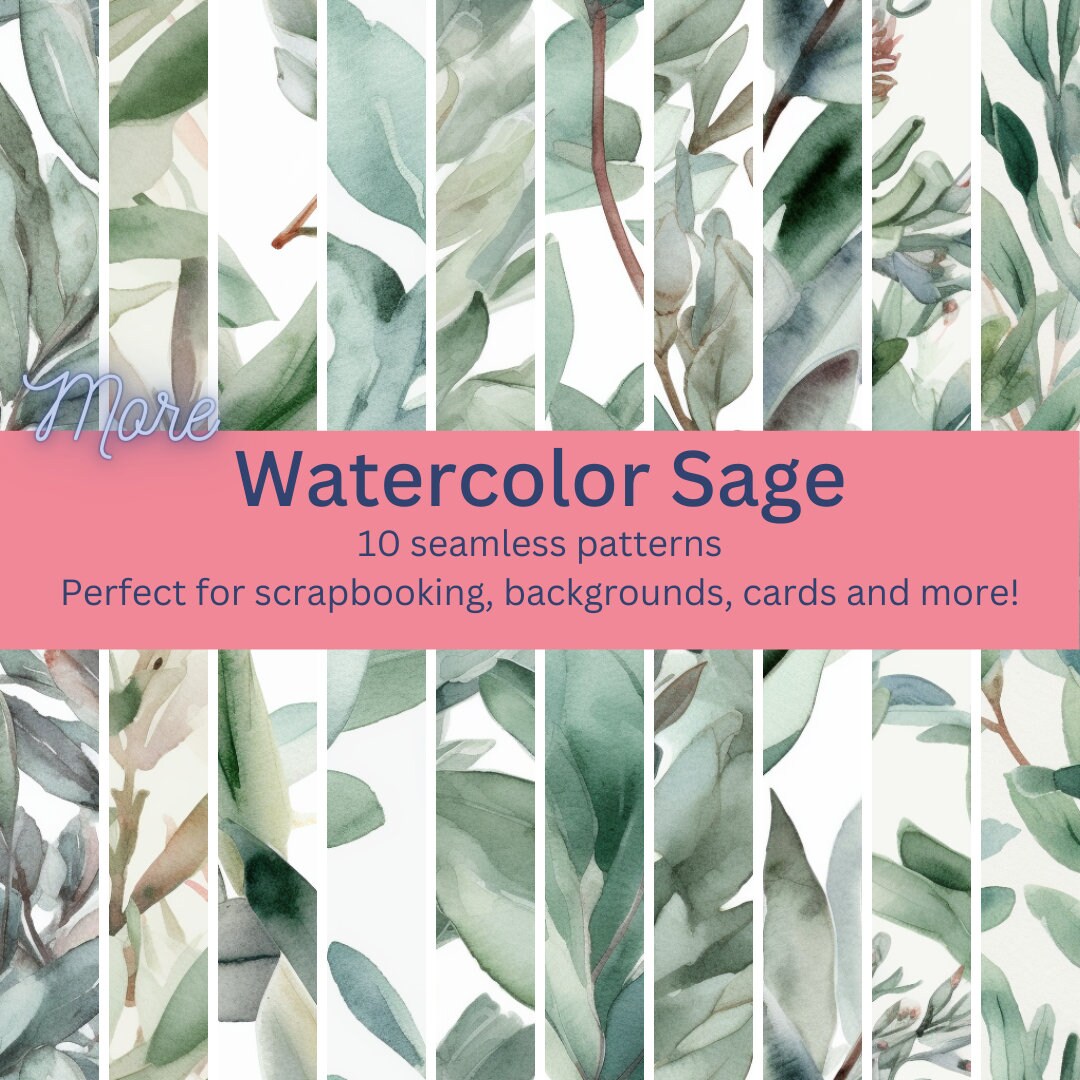 10 More Digital Seamless Watercolor Sage Patterns: Serene Botanical ...