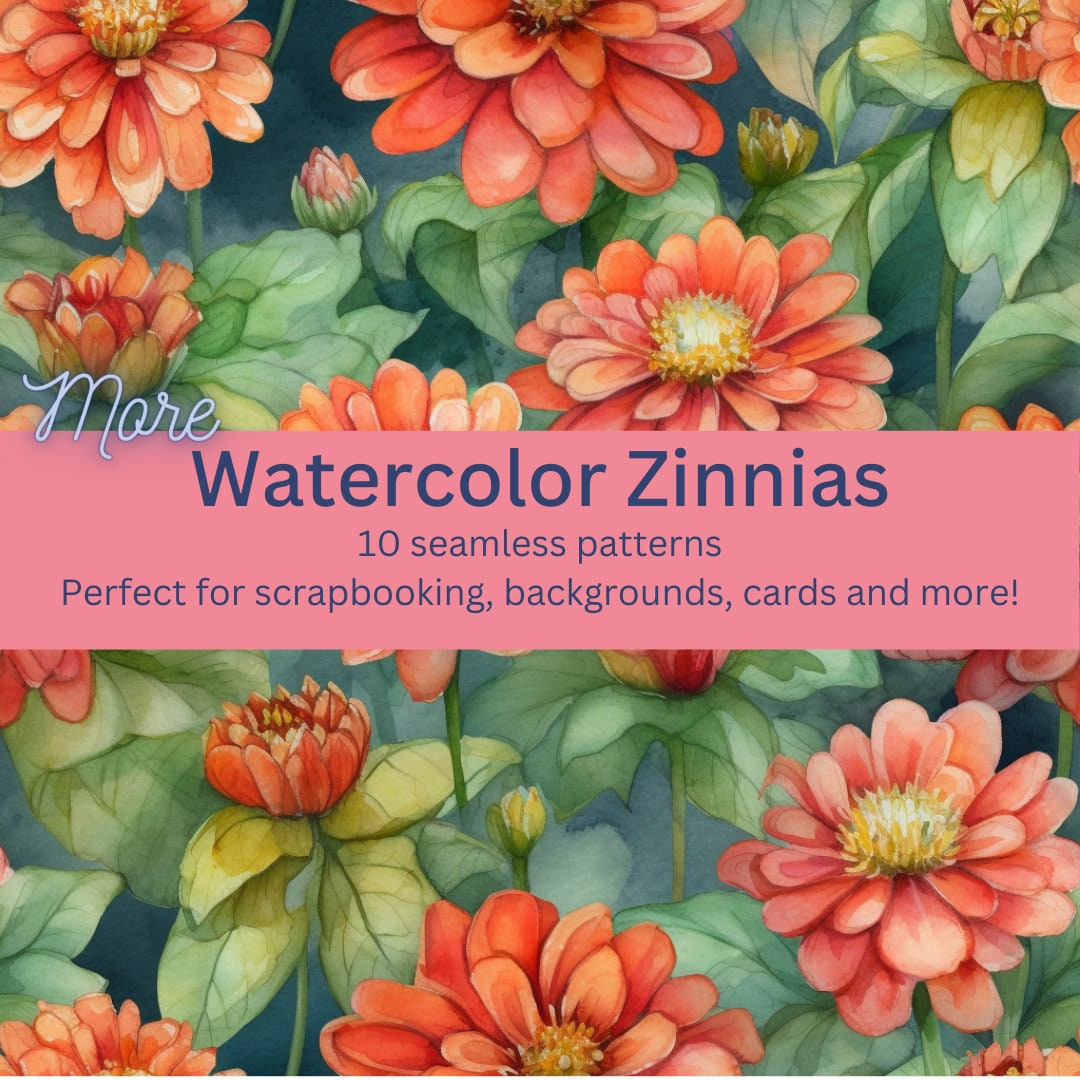 10 More Digital Seamless Watercolor Zinnia Patterns: Colorful Floral ...