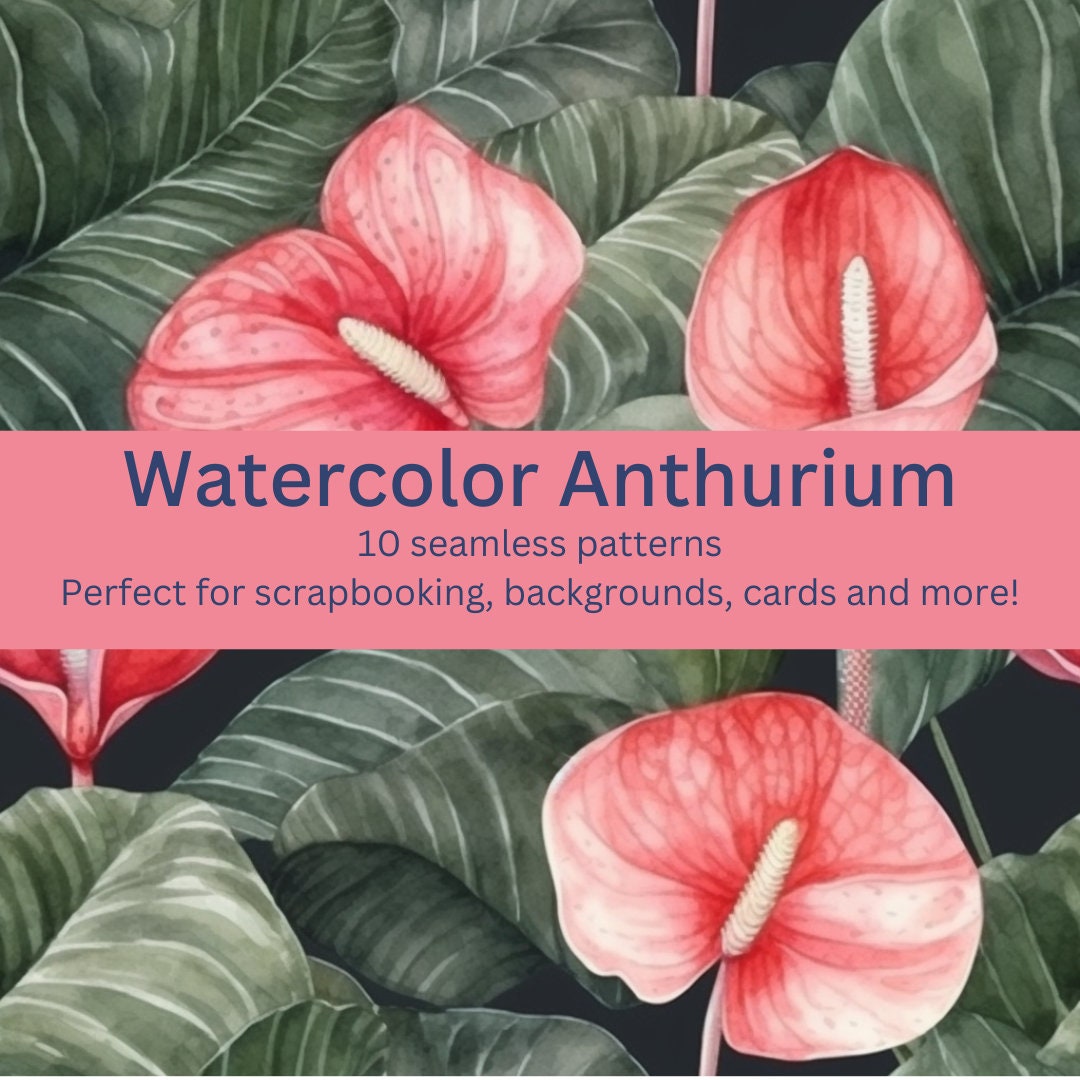 10 Digital Seamless Watercolor Anthurium Patterns: Tropical Flower ...