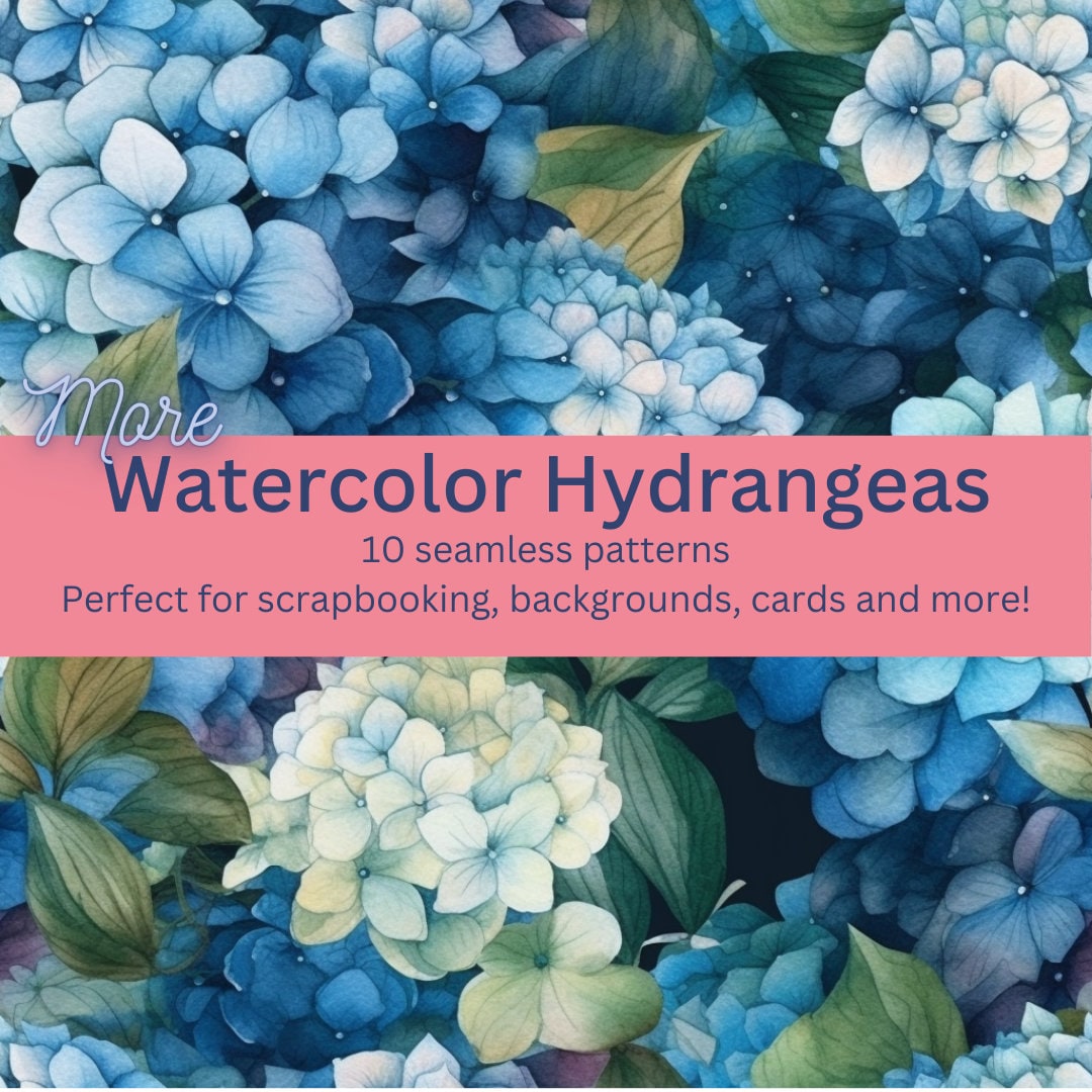 10 More Digital Seamless Watercolor Hydrangeas Patterns: Delicate Floral Designs for DIY Crafts ...
