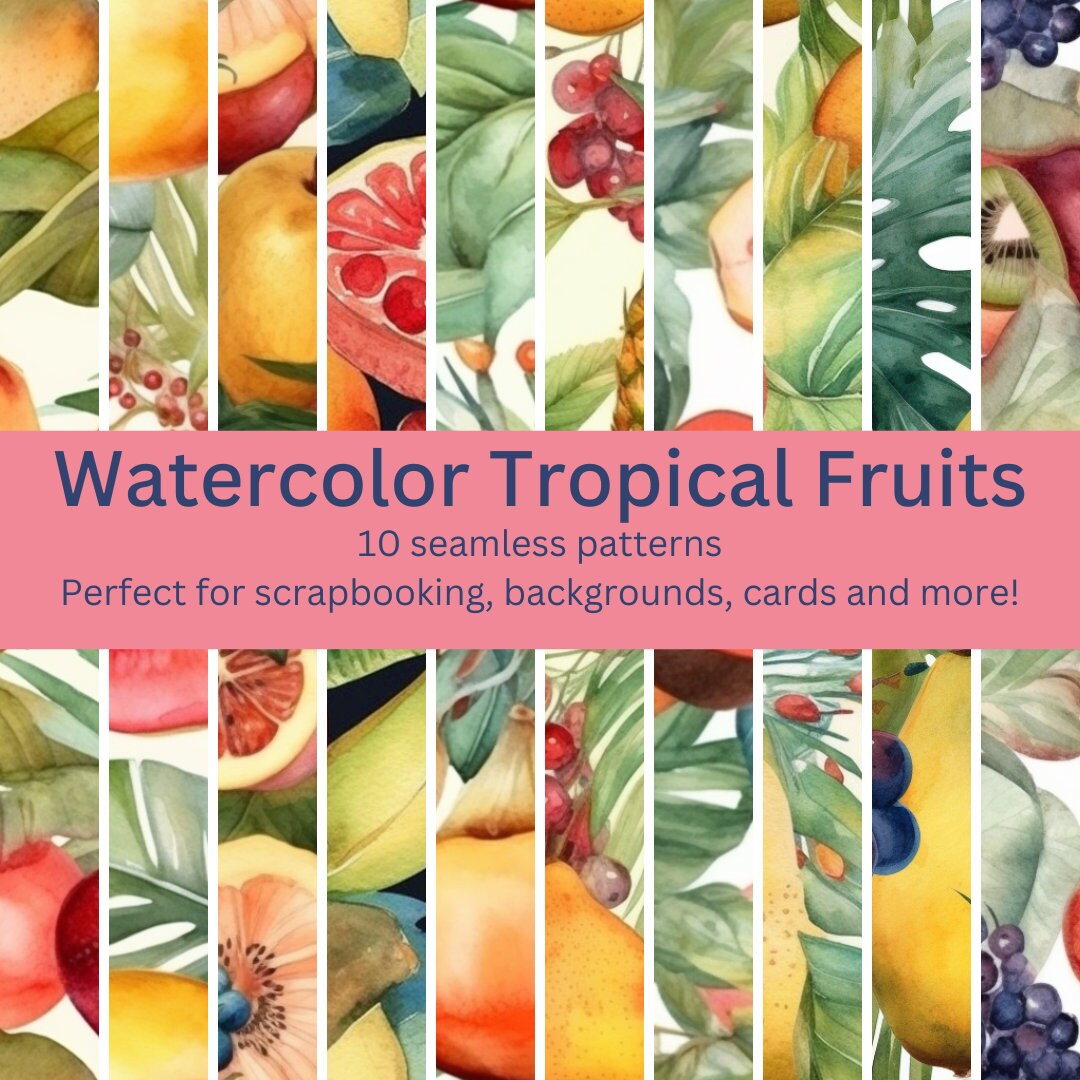 10 Digital Seamless Watercolor Tropical Fruit Patterns: Vibrant Designs ...